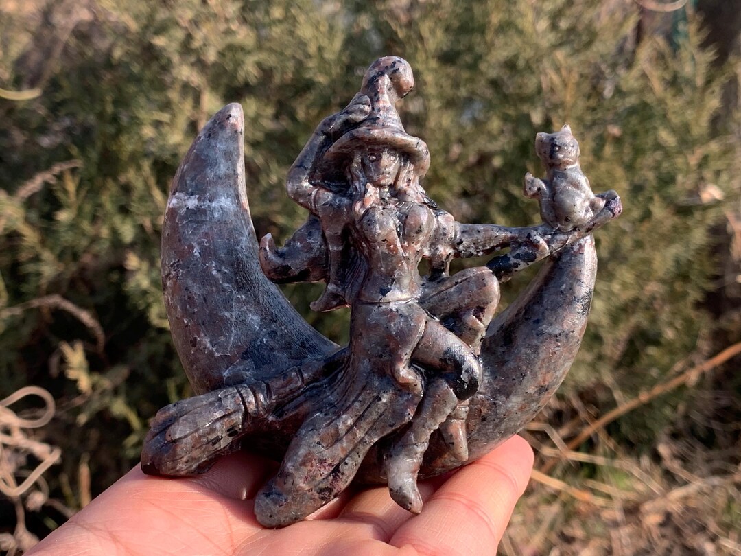 Hand Carved Natural Yooperlite Crystal Witch on Moon, Halloween Decor ...