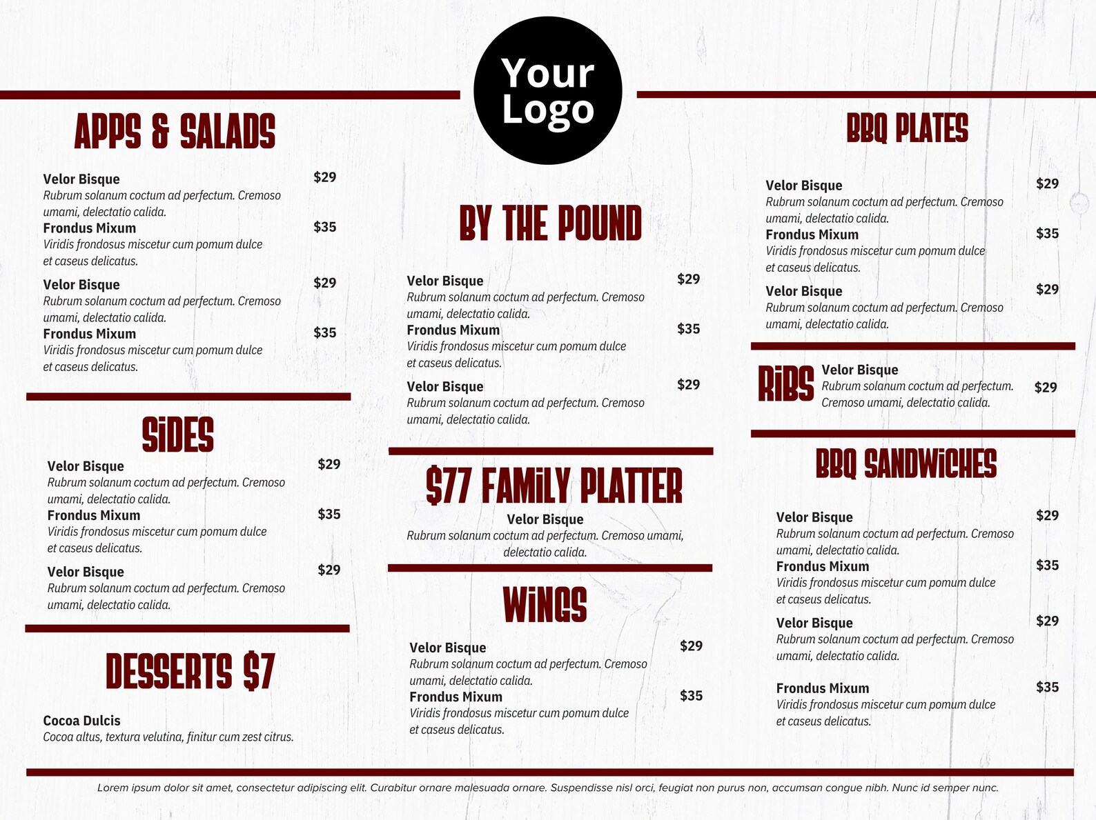 American BBQ Restaurant Menu Template | 8.5x11 | Editable Canva ...