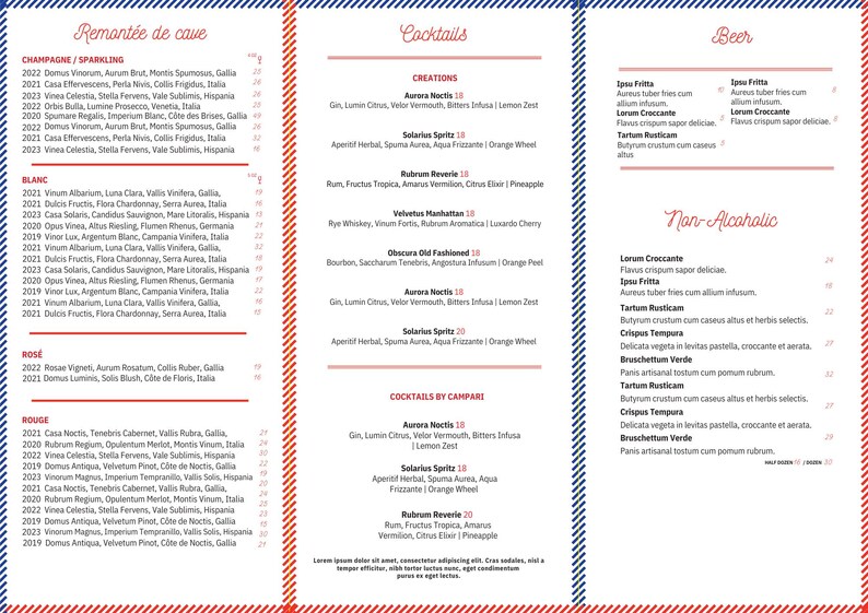 French Bistro Menu & Wine Cocktail Menu | 8.5x11 Landscape | Colorful ...