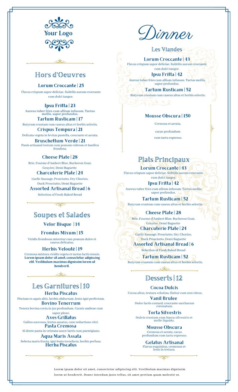 Elegant French Brasserie Menu Template With Wine List | 8.5x14 Canva ...