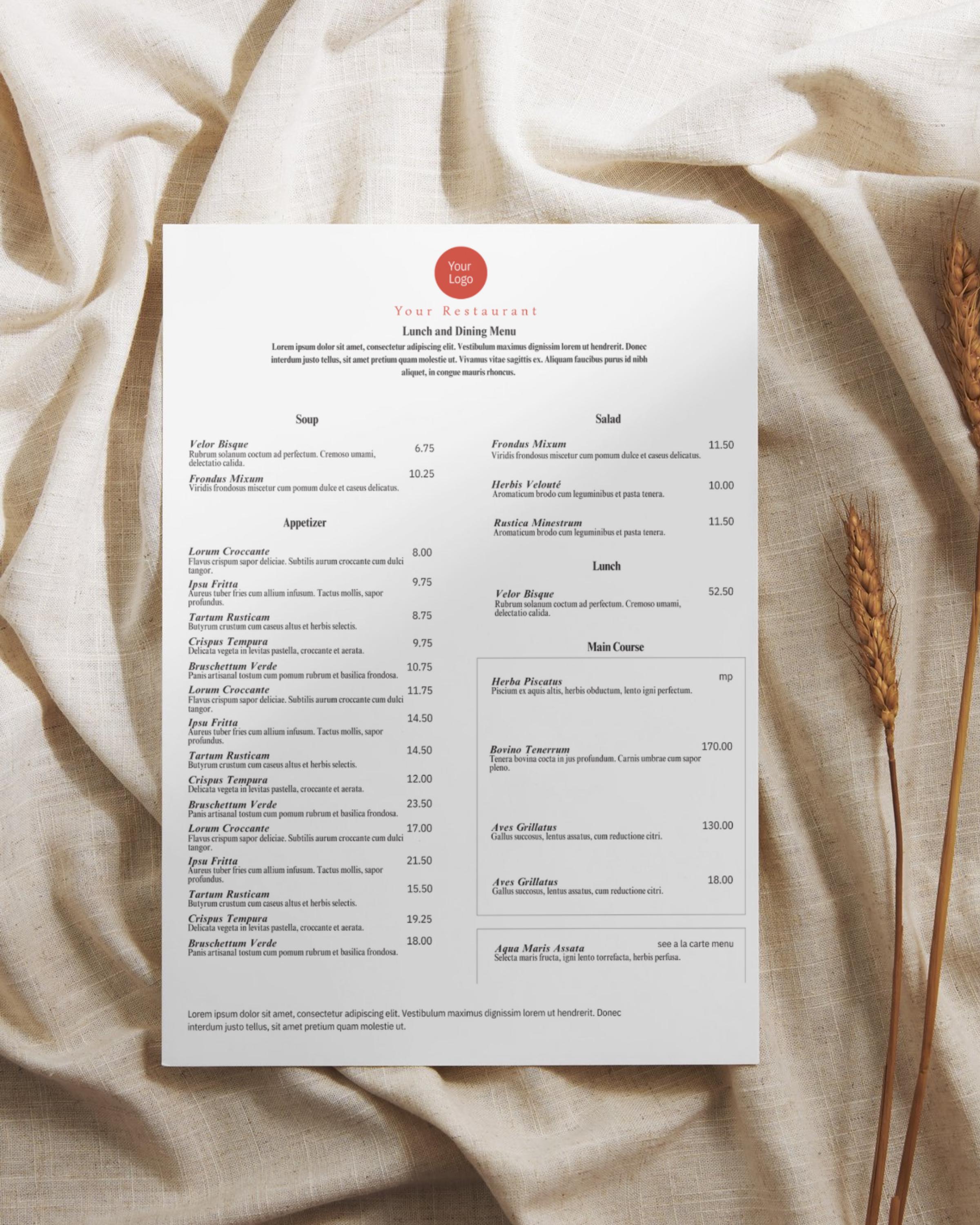 Elegant American Lunch Menu Template | 8.5x11 Canva Menu | Editable ...