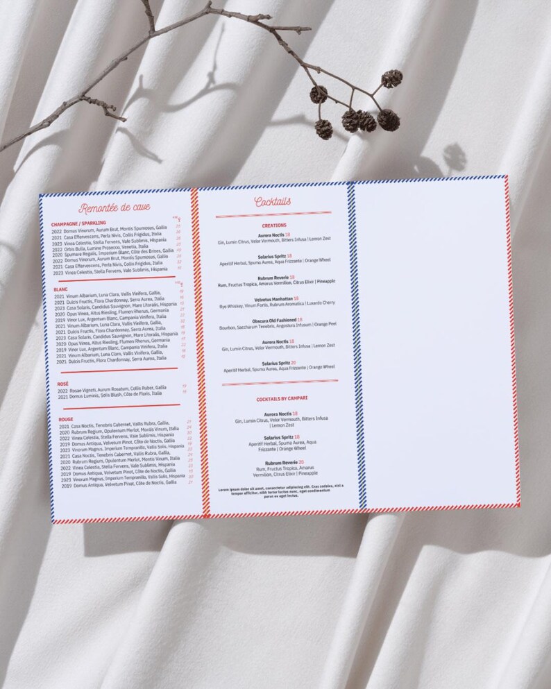 French Bistro Menu & Wine Cocktail Menu | 8.5x11 Landscape | Colorful ...