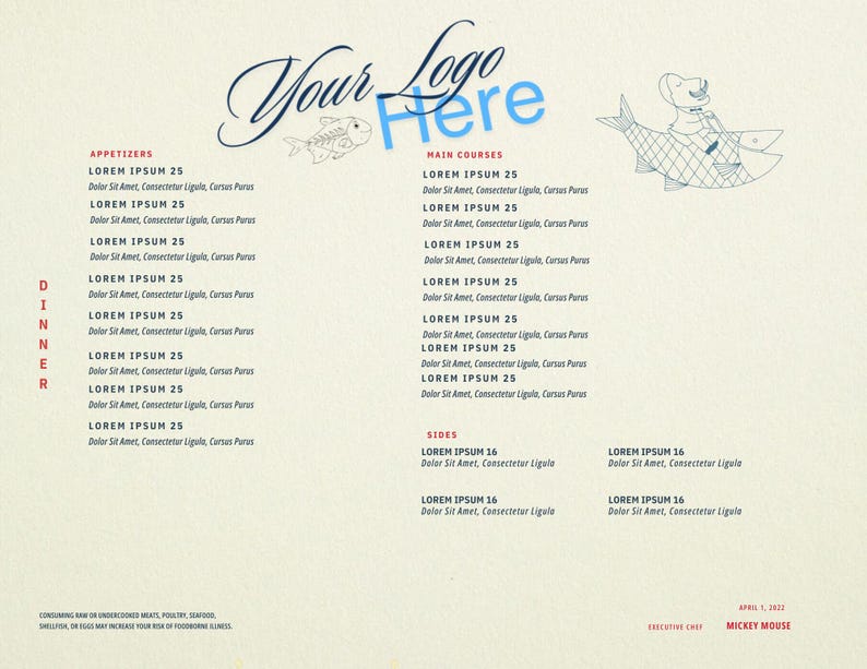 Seafood Restaurant Menu Template | Cartoon Character Design | 8.5x11 ...