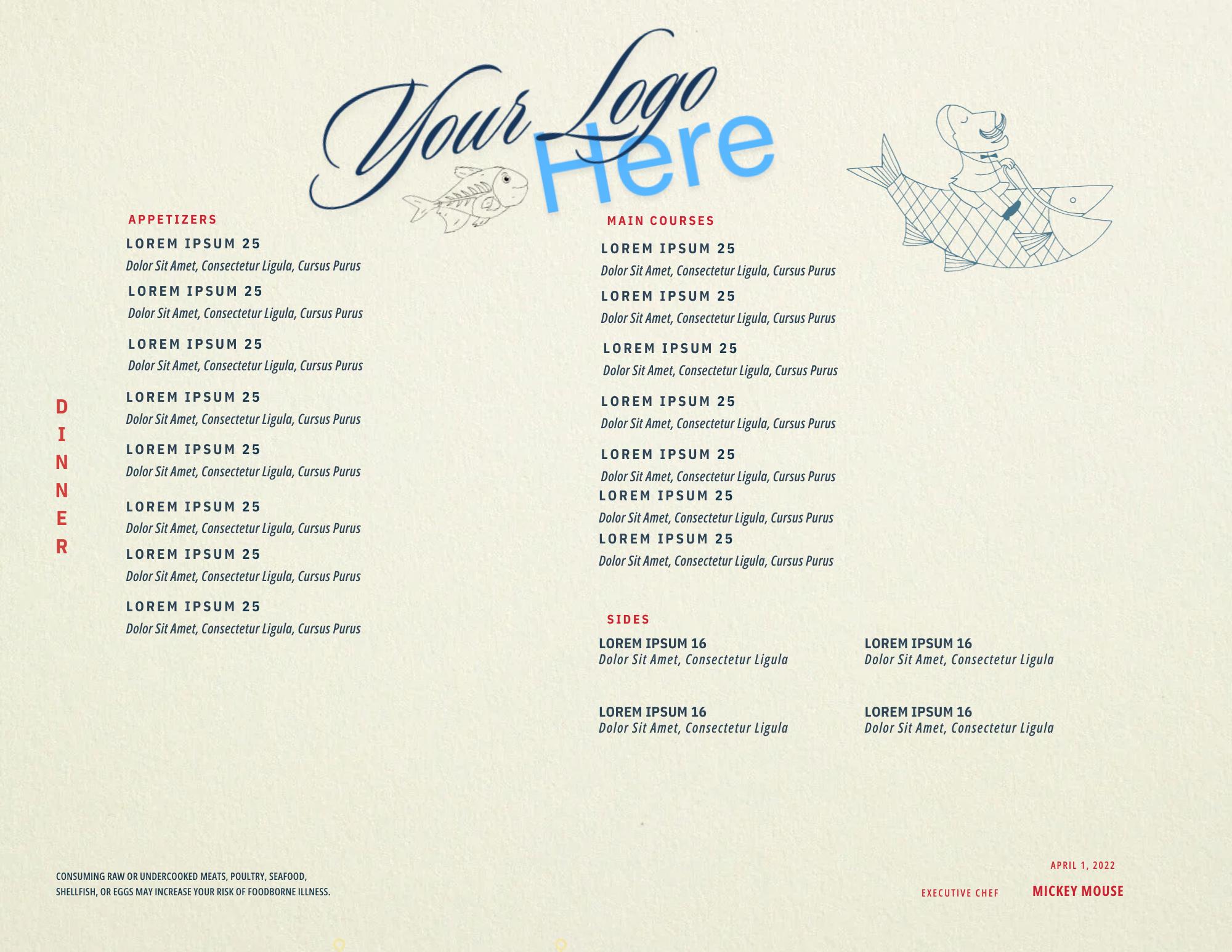 Seafood Restaurant Menu Template | Cartoon Character Design | 8.5x11 ...