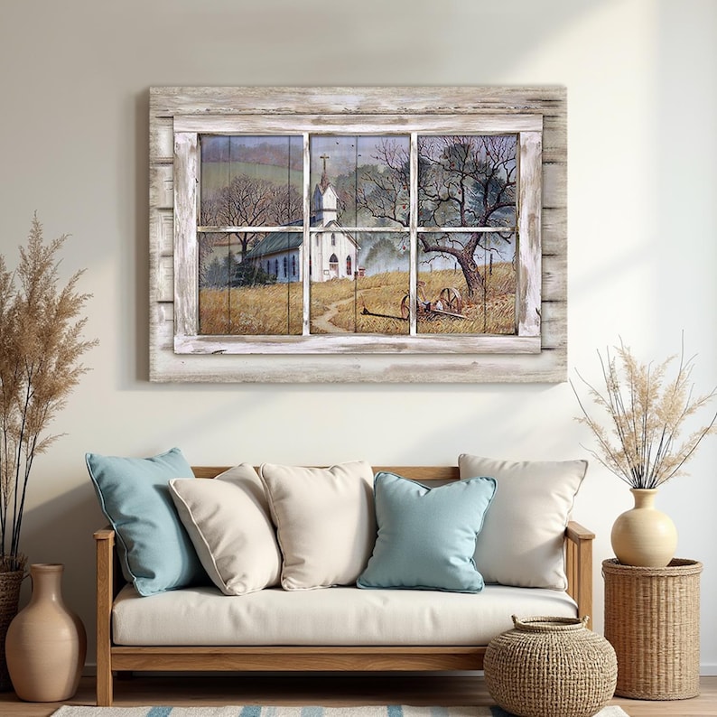 Rustic Church Window Wall Art, Country Chapel Canvas Print, Winter ...
