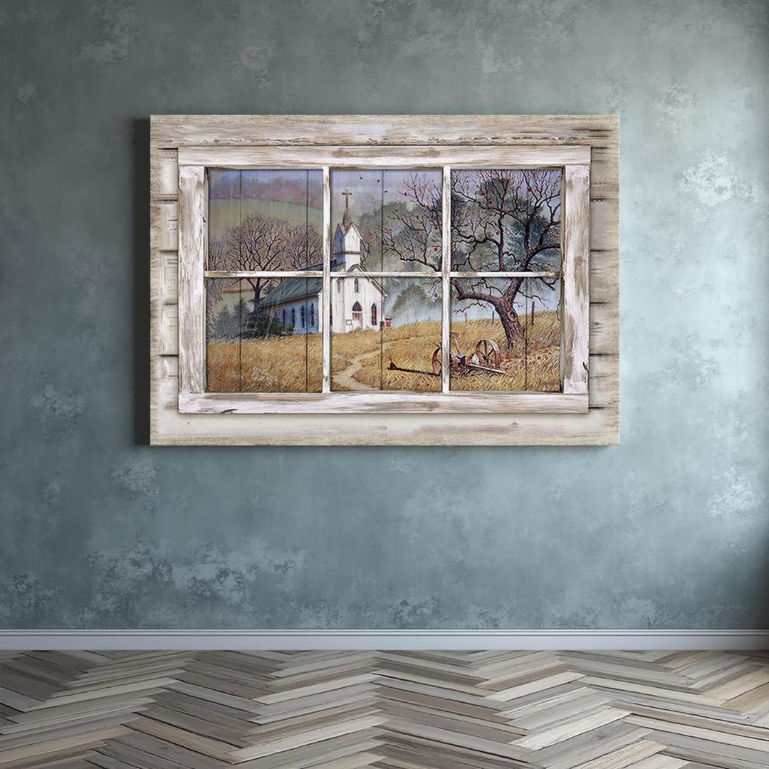Rustic Church Window Wall Art, Country Chapel Canvas Print, Winter ...