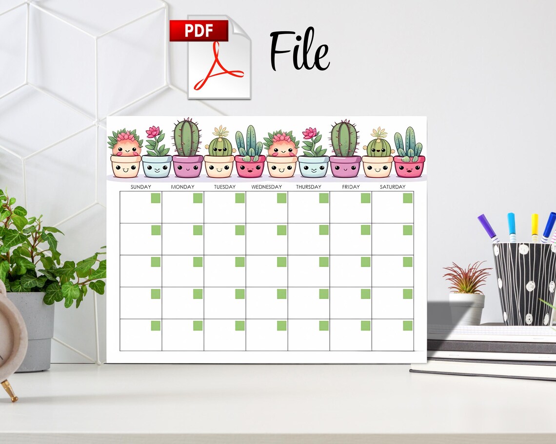 Cute Cactus Printable Monthly Calendar | Kawaii Succulent Planner ...