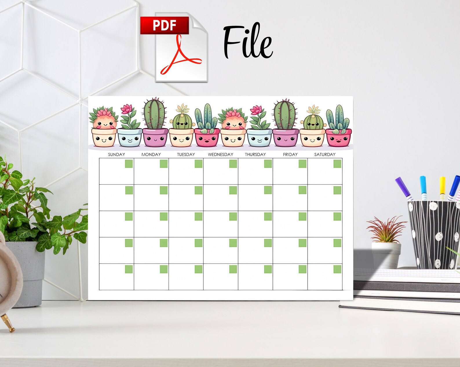 Cute Cactus Printable Monthly Calendar | Kawaii Succulent Planner ...