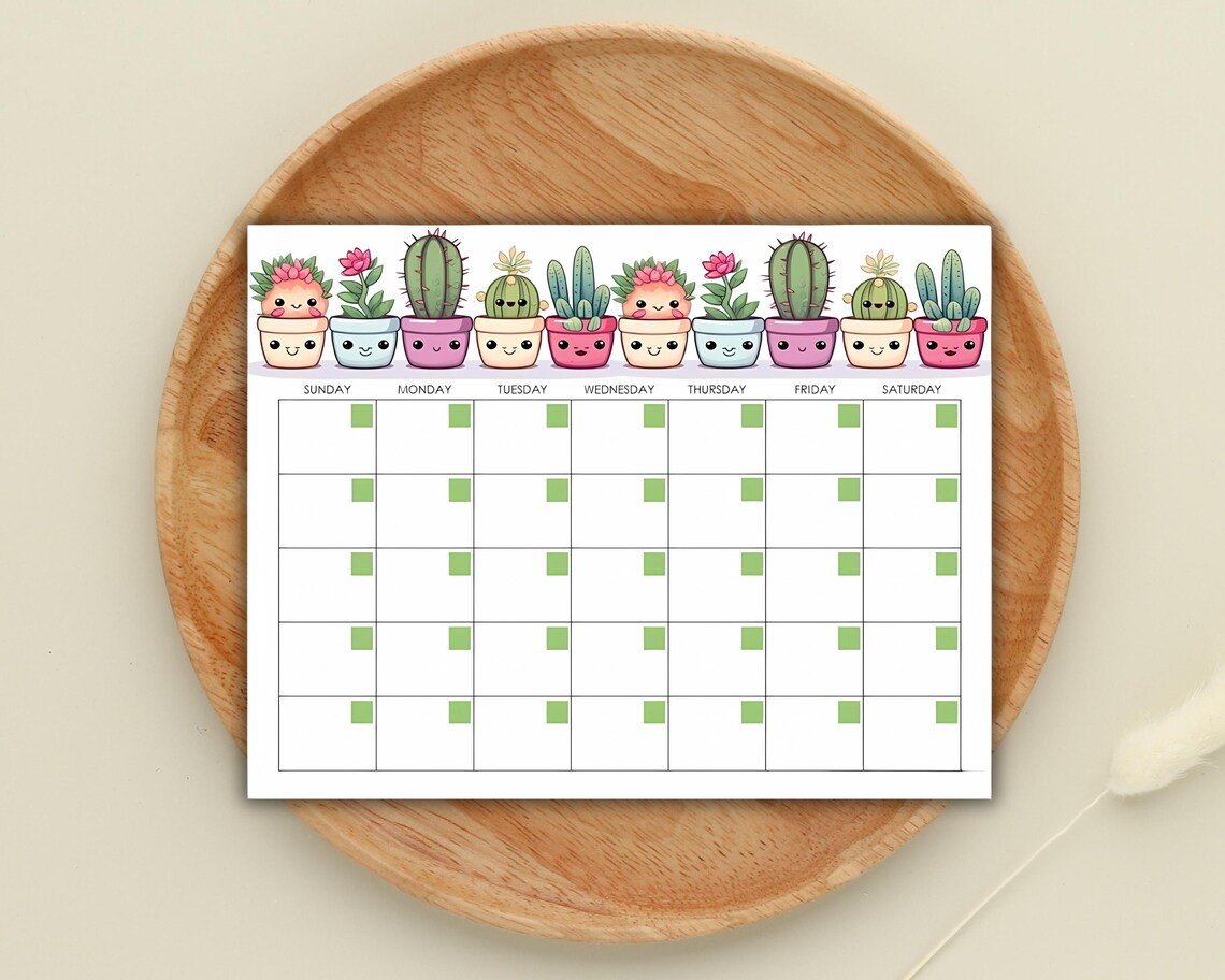 Cute Cactus Printable Monthly Calendar | Kawaii Succulent Planner ...