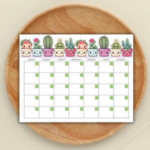 Cute Cactus Printable Monthly Calendar | Kawaii Succulent Planner ...