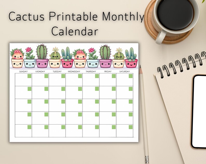 Cute Cactus Printable Monthly Calendar | Kawaii Succulent Planner ...