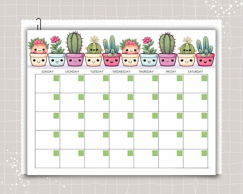 Cute Cactus Printable Monthly Calendar | Kawaii Succulent Planner ...