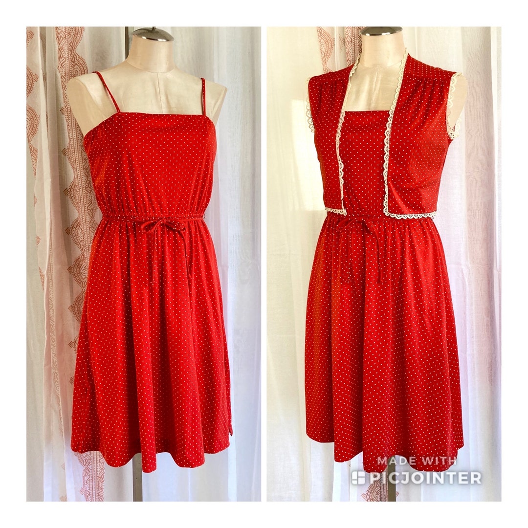 Vintage 70s 80s Red Sundress, Red Polka Dot Disco Dress, Stretch Jersey ...