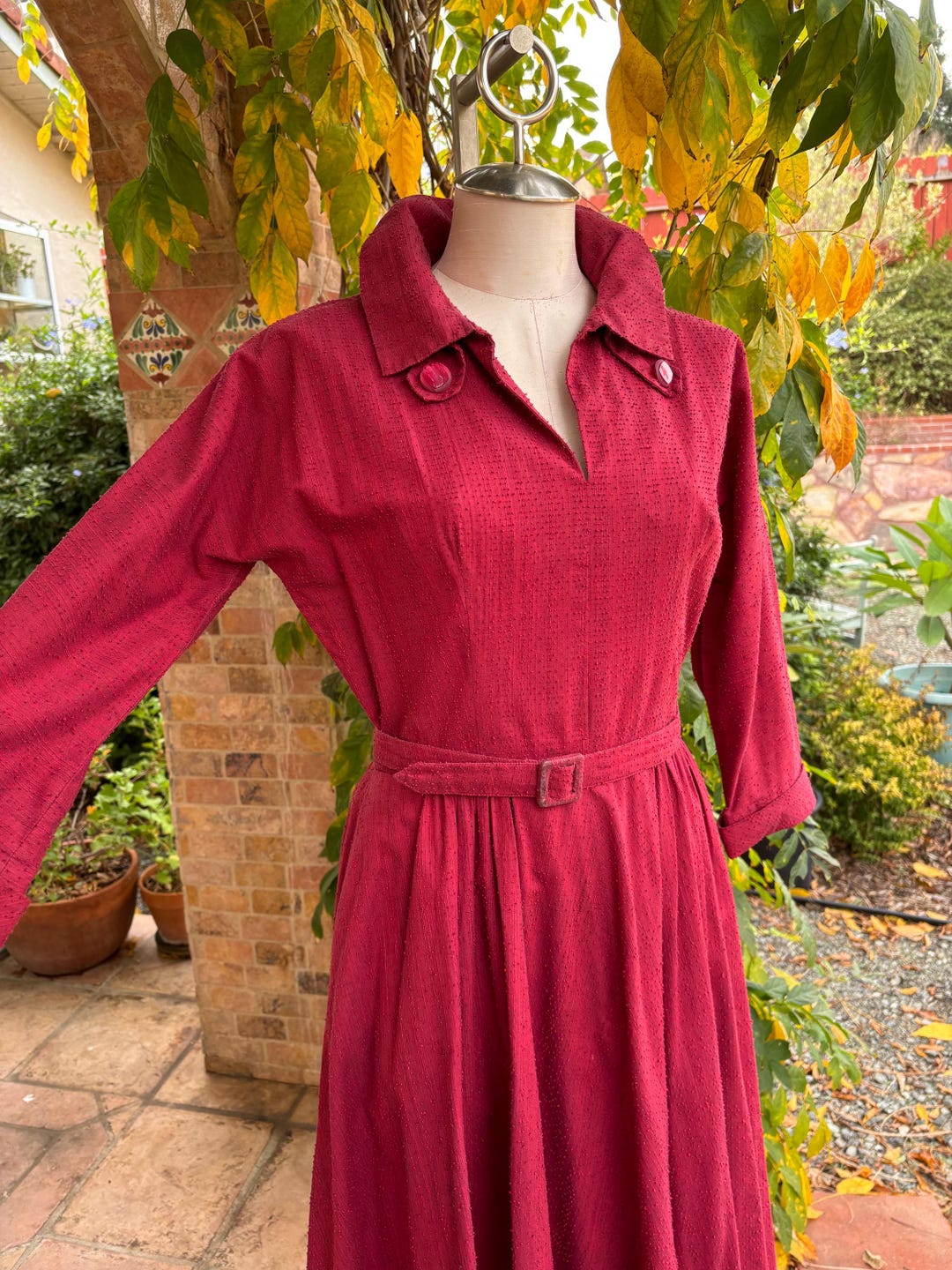 Vintage 50s Red Dress, Mid Century Day Dress, Deep Red Full Skirt Dress ...