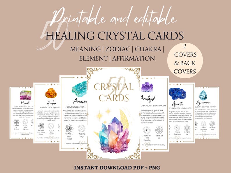 Editable and Printable Crystal Meaning Cards, Crystal Oracle Card Decks ...