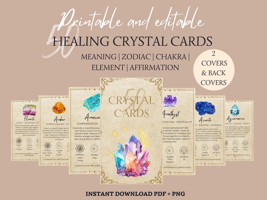 Editable and Printable Crystal Meaning Cards • Old Paper Crystal Oracle ...