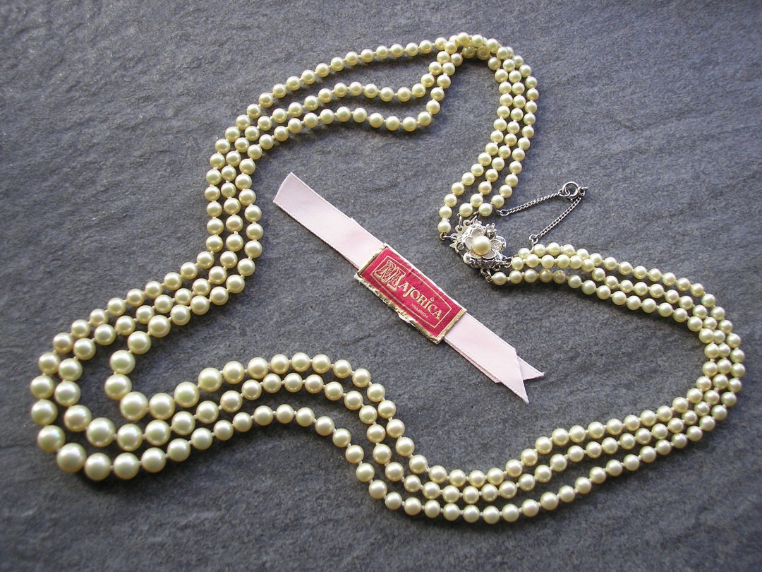 MAJORICA 3 Strand Pearl Necklace With Box, Triple Strand Pearls, Hand ...
