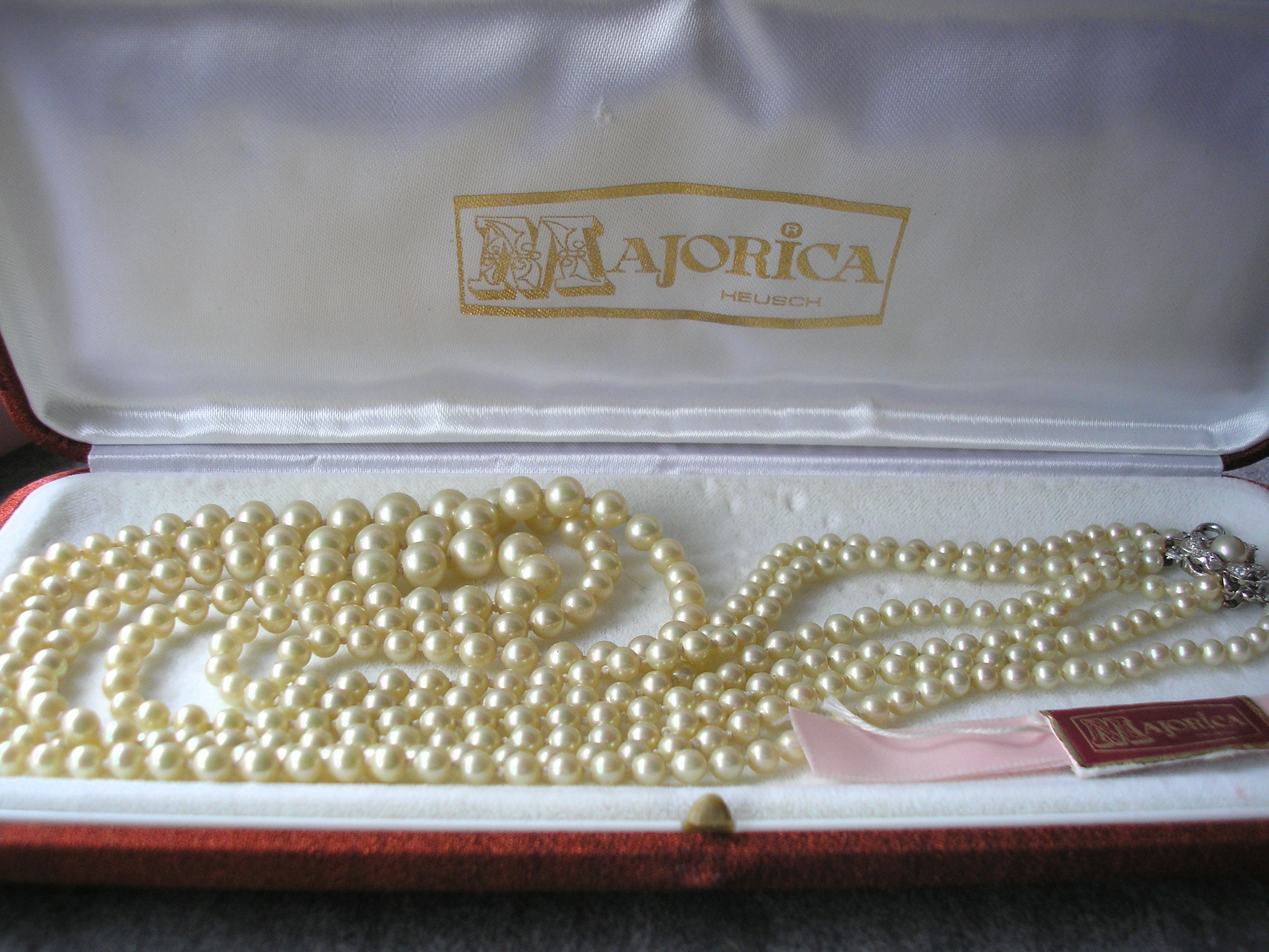 MAJORICA 3 Strand Pearl Necklace With Box, Triple Strand Pearls, Hand ...