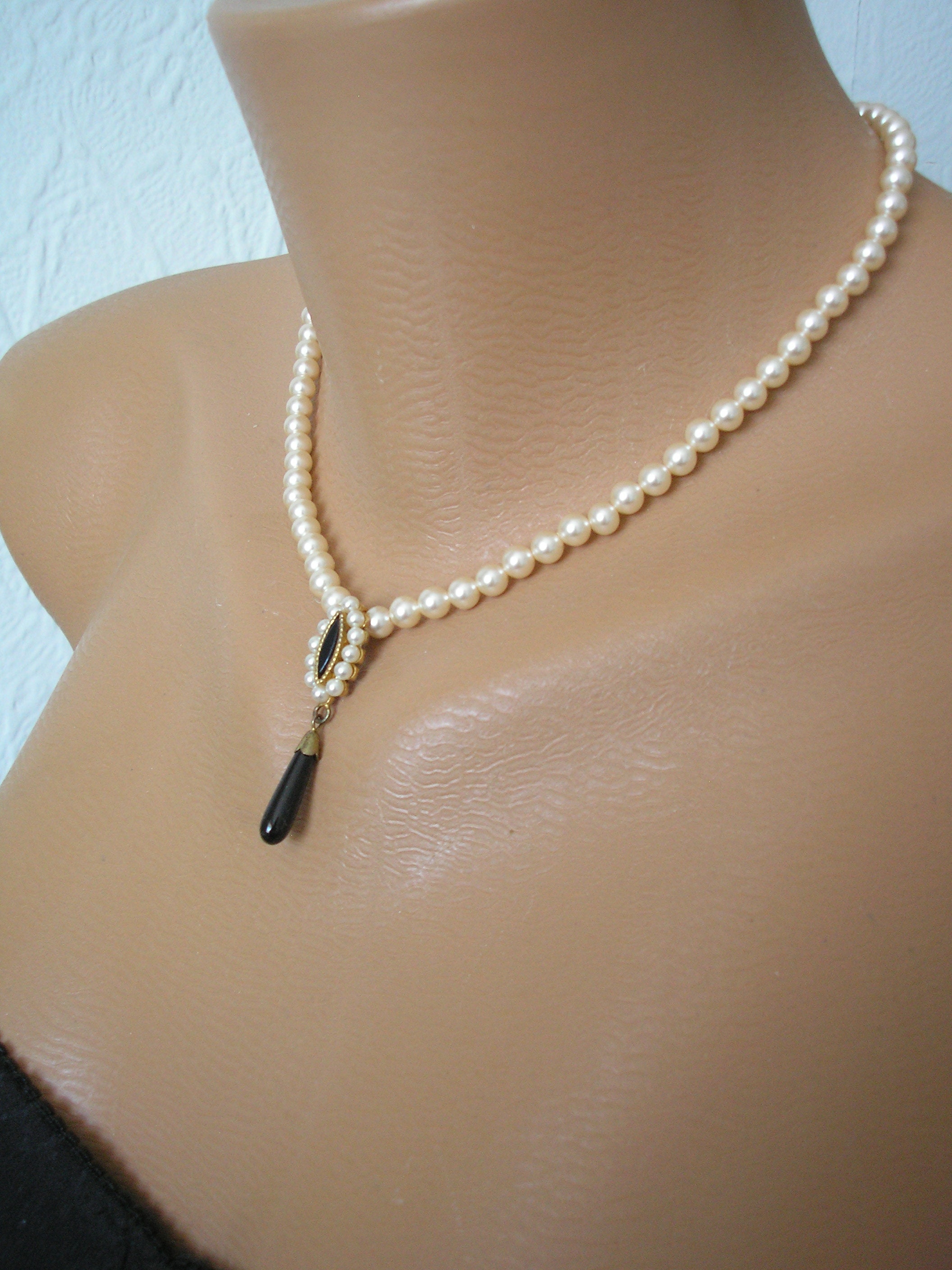 LOTUS Pearl Choker, Vintage Lotus Pearls, Pearl and Onyx Choker, Ivory ...