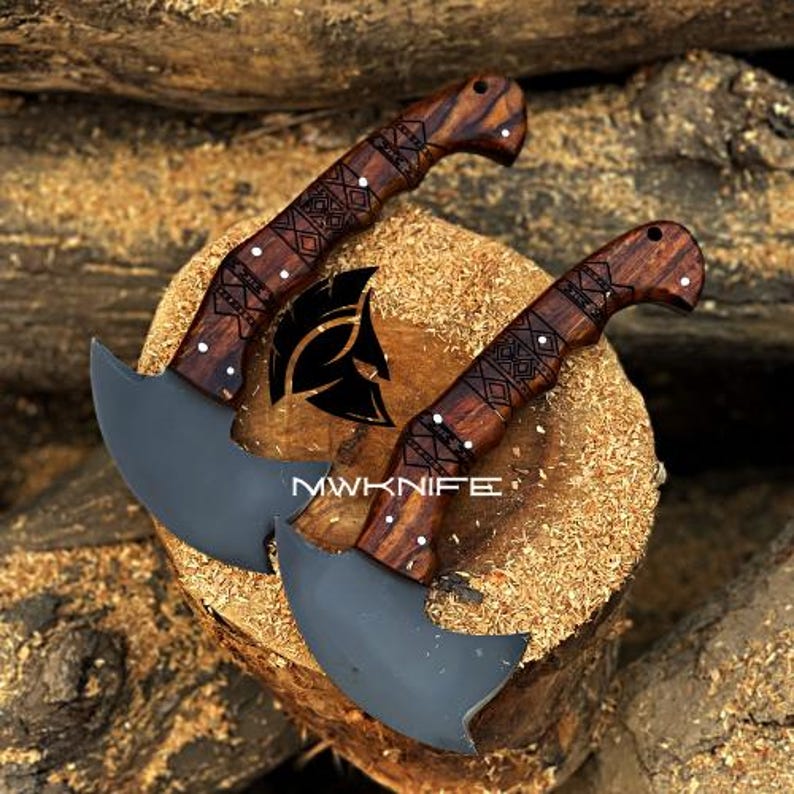 Hand Forged Tactical Tomahawk Axe Set, Engraved Wood Handle, Leather ...