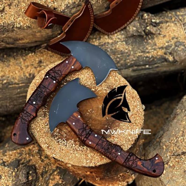 Hand Forged Tactical Tomahawk Axe Set, Engraved Wood Handle, Leather ...