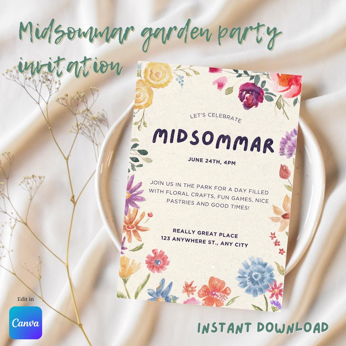 Midsommar Garden Party Invitation Template - Editable Canva Floral ...