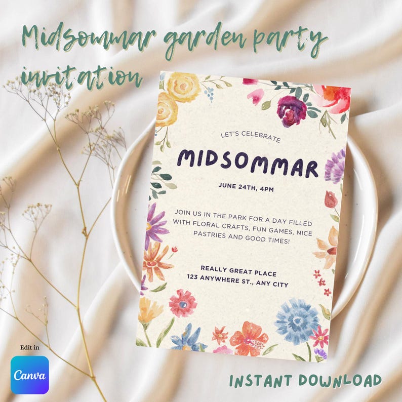 Midsommar Garden Party Invitation Template - Editable Canva Floral ...