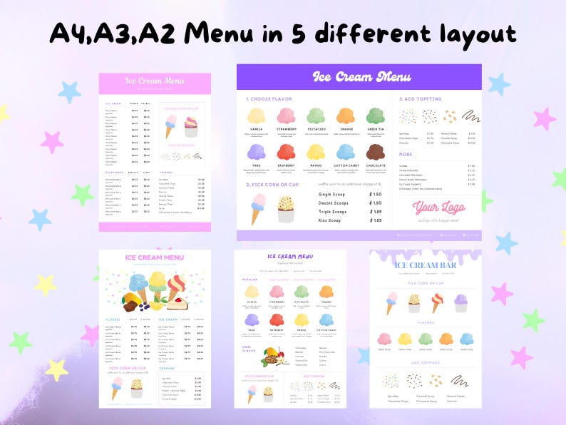 Printable Ice Cream Menu Template, Illustration Art (digital Sweet Menu ...