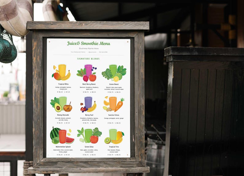 Printable Juice Smoothie Bar Menu Templates, Fresh Fruits Vegetable ...