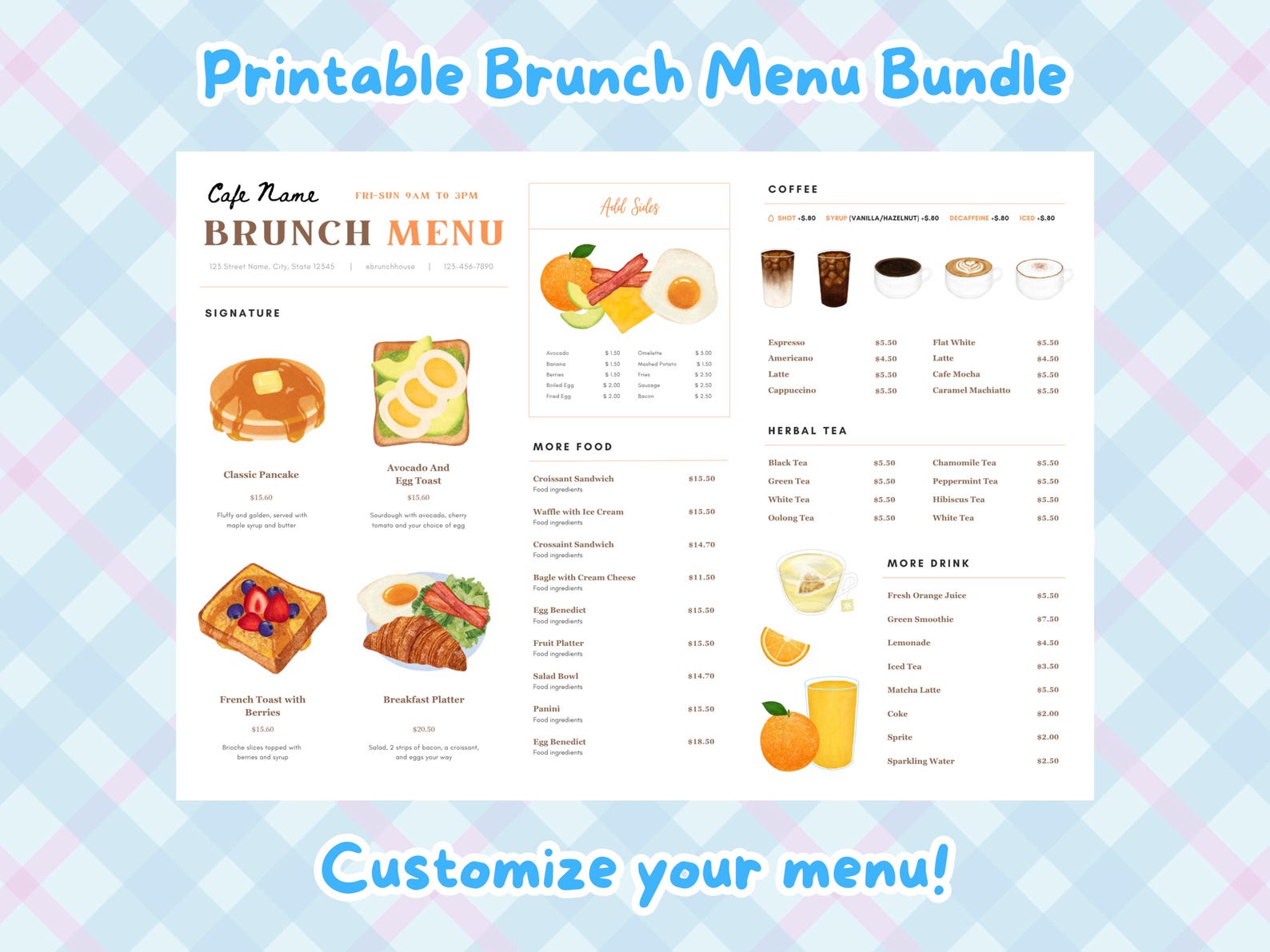 Printable Brunch Breakfast Menu Templates, Illustrated Cafe Menu ...