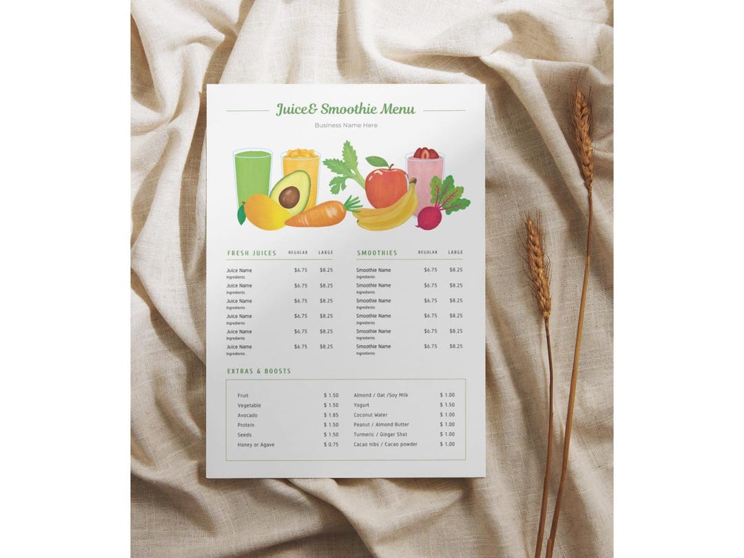 A4 Printable Juice Bar Menu Template: Hand-drawn Fruits Illustrations ...