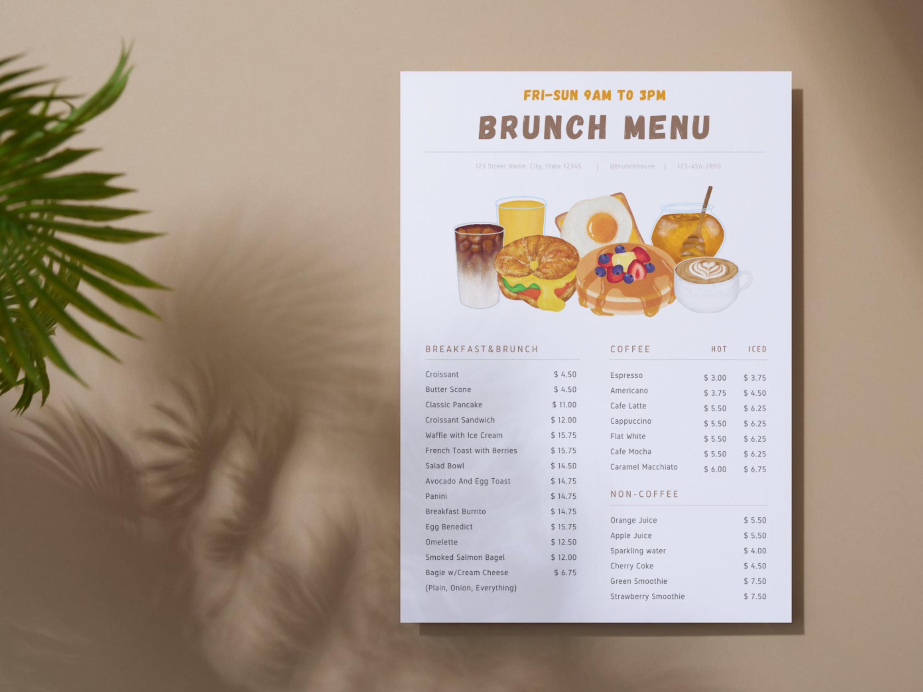 Printable Brunch Breakfast Menu Templates, Illustrated Cafe Menu ...