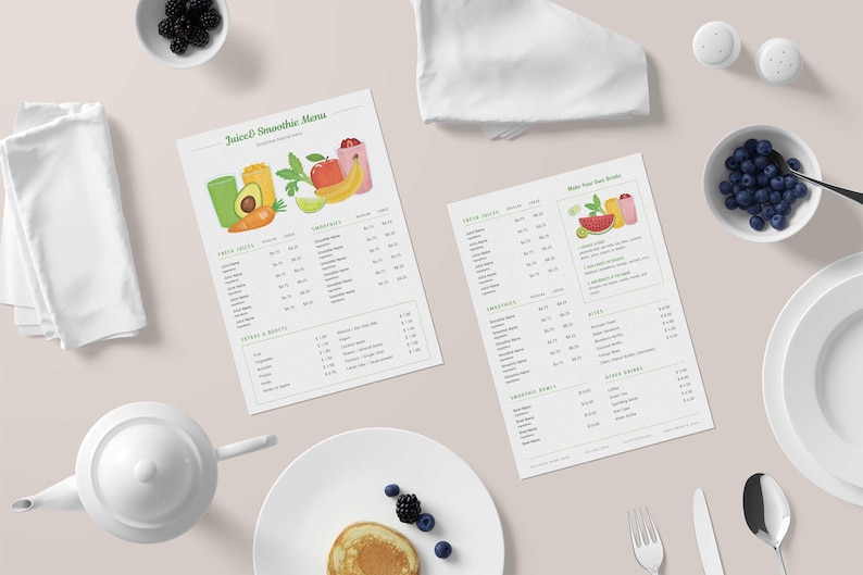 Printable Juice Smoothie Bar Menu Templates, Fresh Fruits Vegetable ...