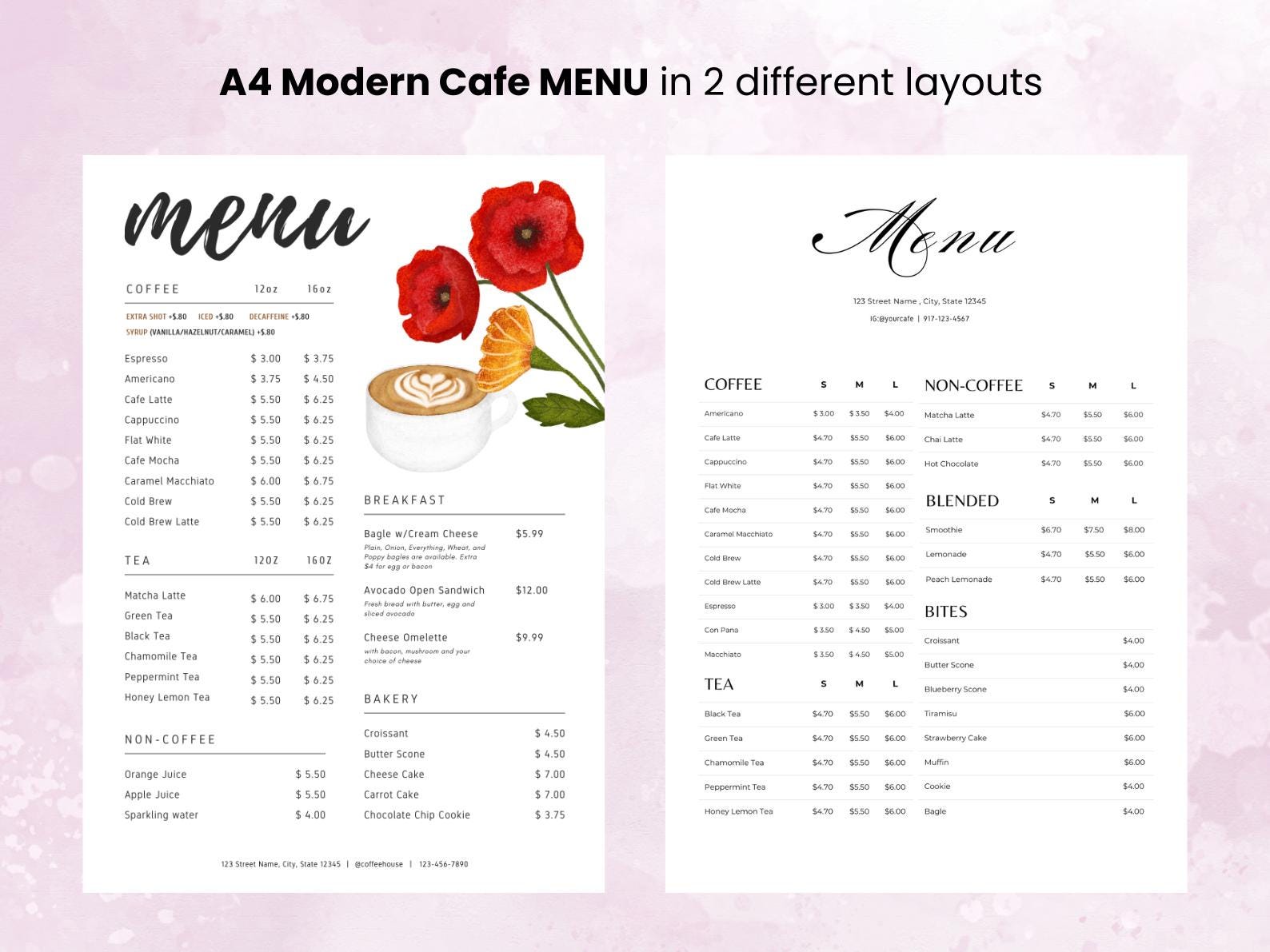 A4 Modern Cafe Menu Templates, Simple Food Menu, Restaurant Menu ...