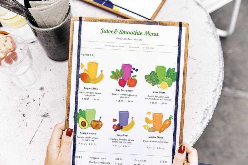 Printable Juice Smoothie Bar Menu Templates, Fresh Fruits Vegetable ...