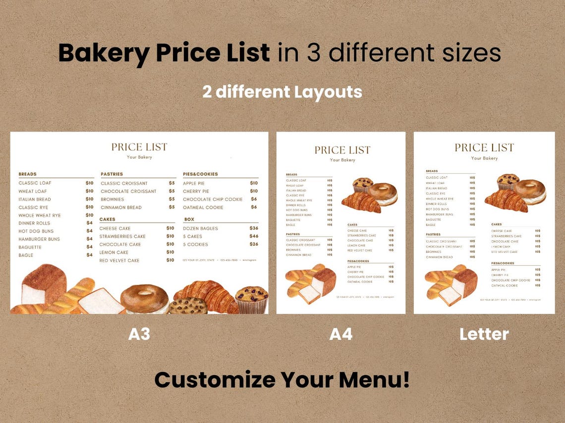 Bakery Price List Menu Templates, Printable Pastry Menu, Digital ...