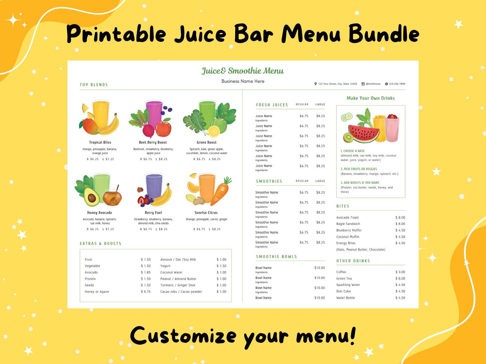 Printable Juice Bar Menu Template: Hand-drawn Fruits, Editable Canva ...