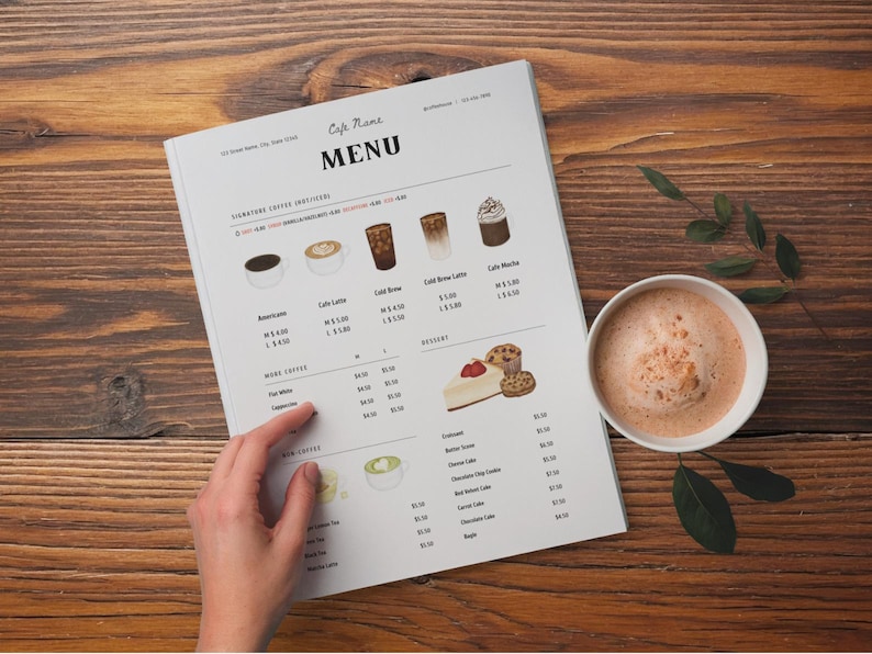 A4 Printable Cafe Coffee Bar Menu Templates: Hand-drawn Coffee & Drink ...