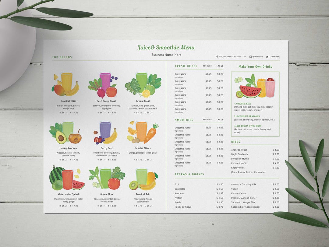 Printable Juice Bar Menu Template: Hand-drawn Fruits, Editable Canva ...
