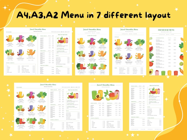 Printable Juice Smoothie Bar Menu Templates, Fresh Fruits Vegetable ...