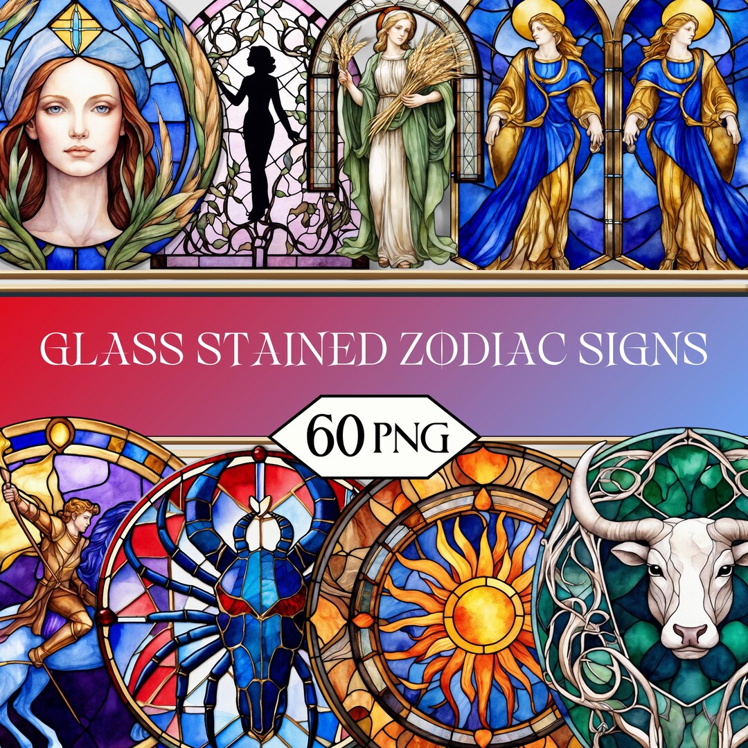 Stained Glass Zodiac Signs PNG Clipart Bundle • Celestial Scrapbook ...