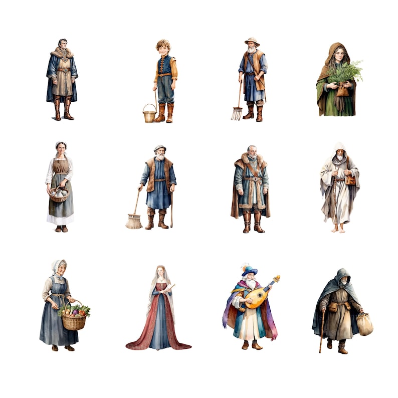 12 Medieval Townsfolk PNG Clipart • Medieval Character Scrapbook ...