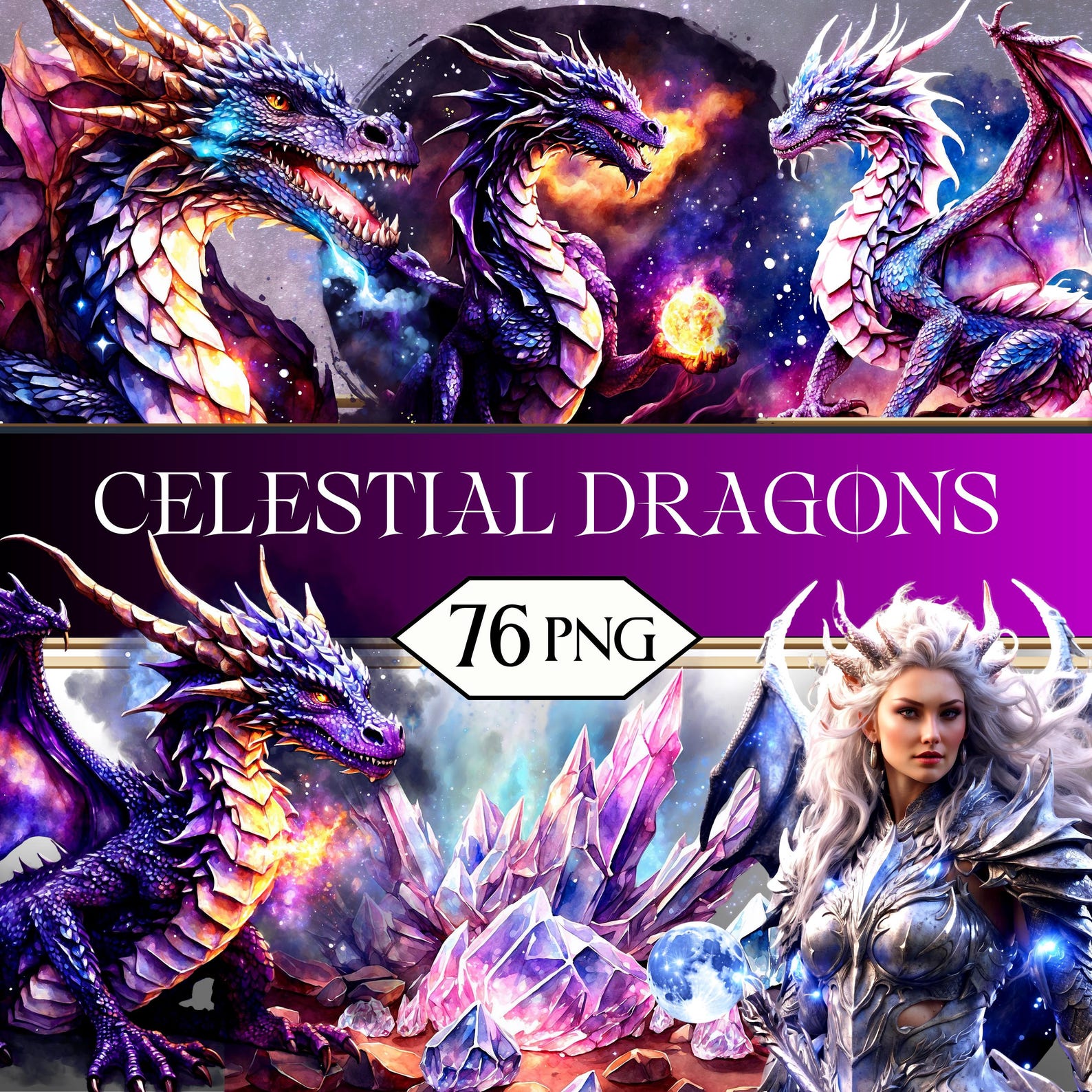 Celestial Dragons PNG Clipart Bundle • Galaxy Mystical Moon Dragon Age ...