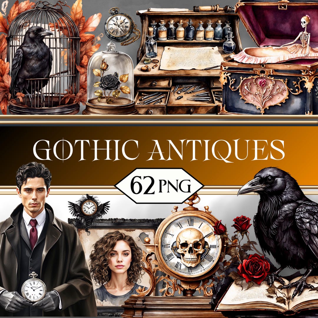 Gothic Antiques PNG Clipart Bundle • Dark Vintage Scrapbook Graphics ...
