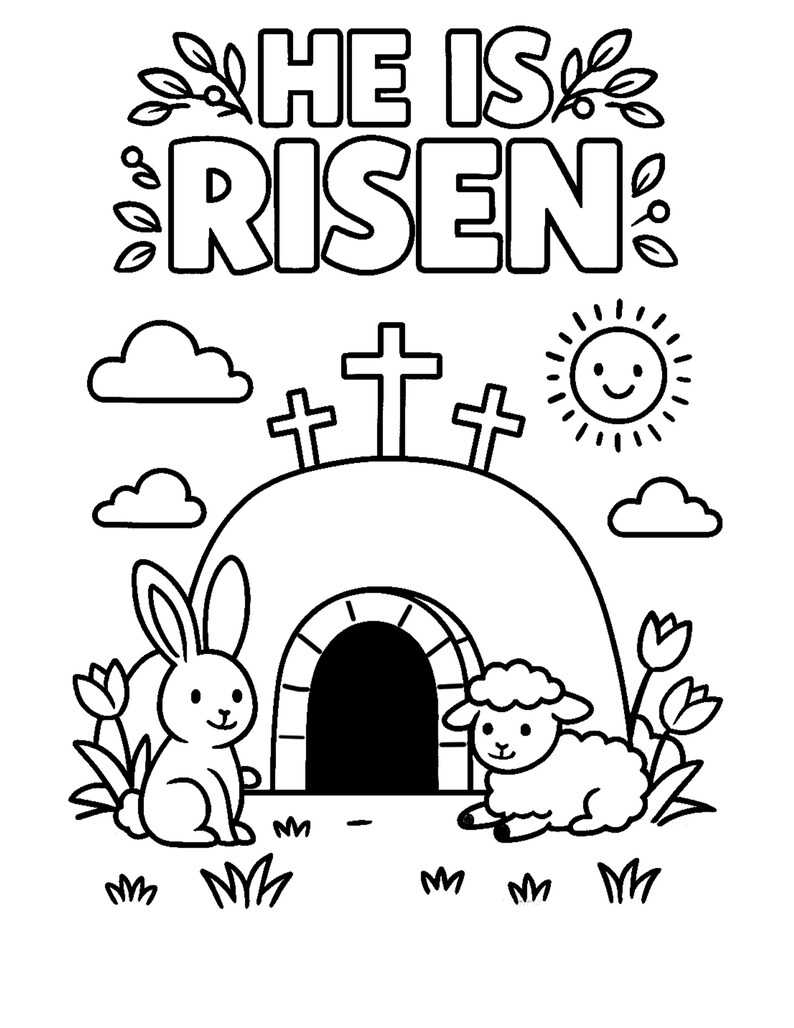 He is Risen Coloring Page – Easter Bunny and Lamb – Christian Printable ...