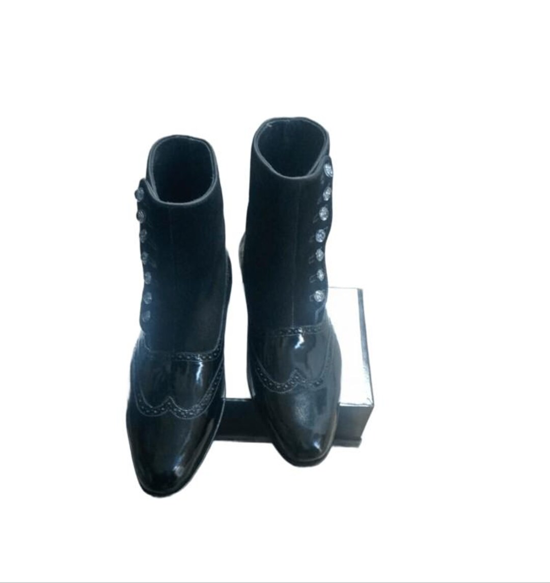 Victorian Black Button Boots – Glossy Leather Toe, Brogue Detail ...