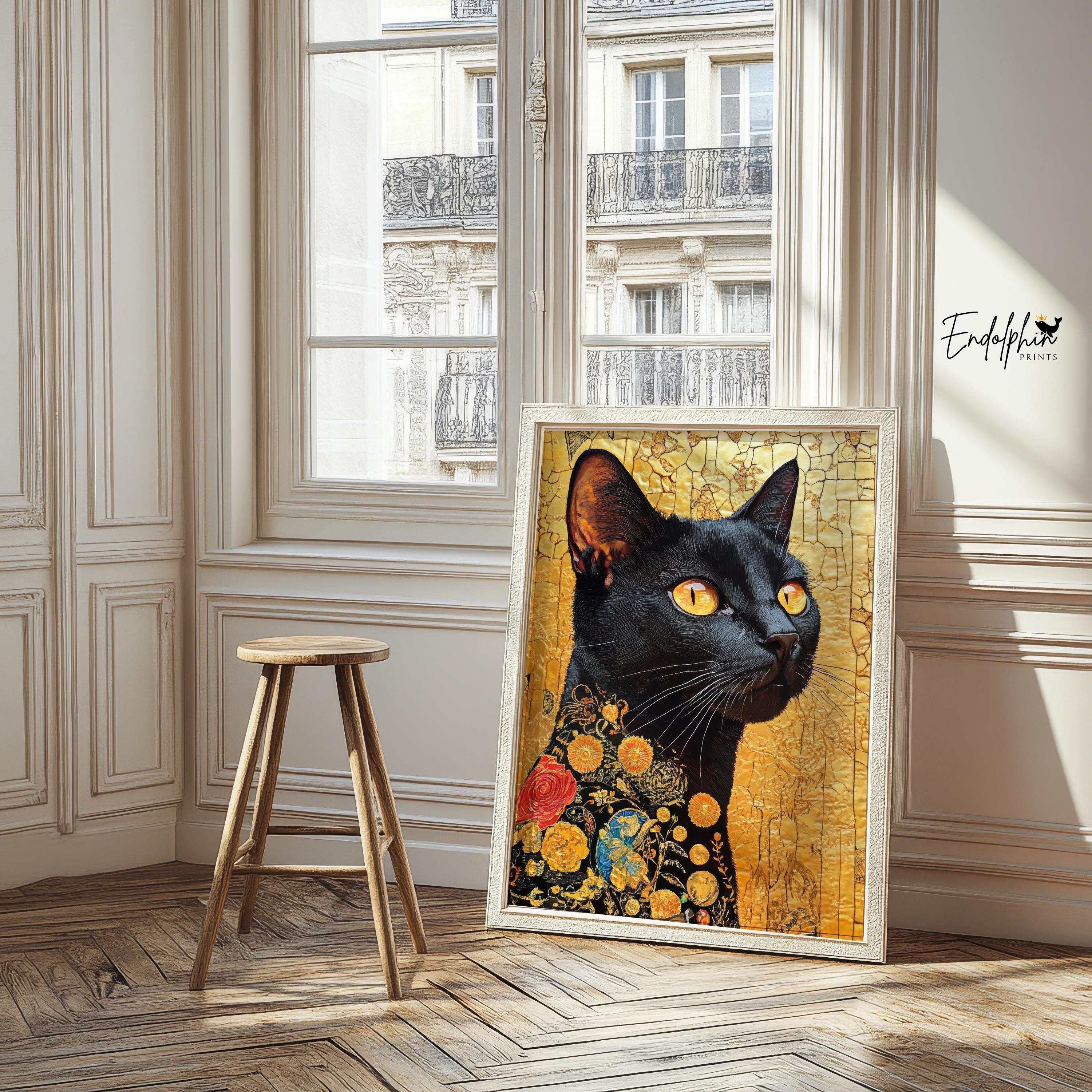 Sacred Black Cat, Spiritual Wall Art, Feline Print, Modern Gold Home ...