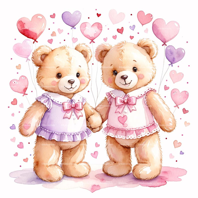 Watercolor Teddy Bear Hearts Clipart, Valentine's Day Graphics (JPG) - Etsy