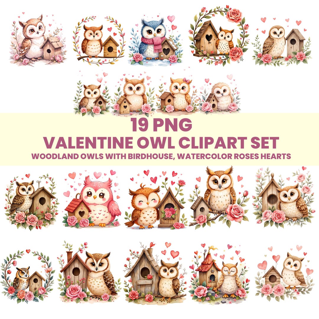 19 Valentine Owl Clipart Set, Woodland Owls With Birdhouse, Watercolor ...