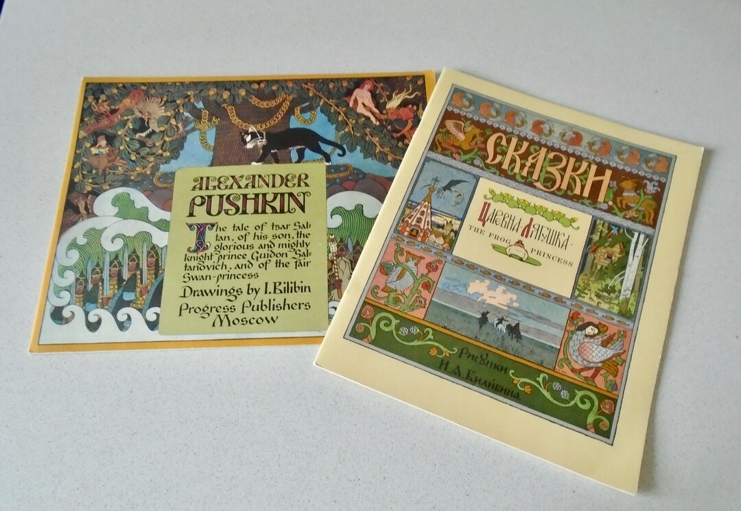 2 Books Illustrated by Ivan Bilibin 1970s Alexander Pushkin Tsar Saltan ...